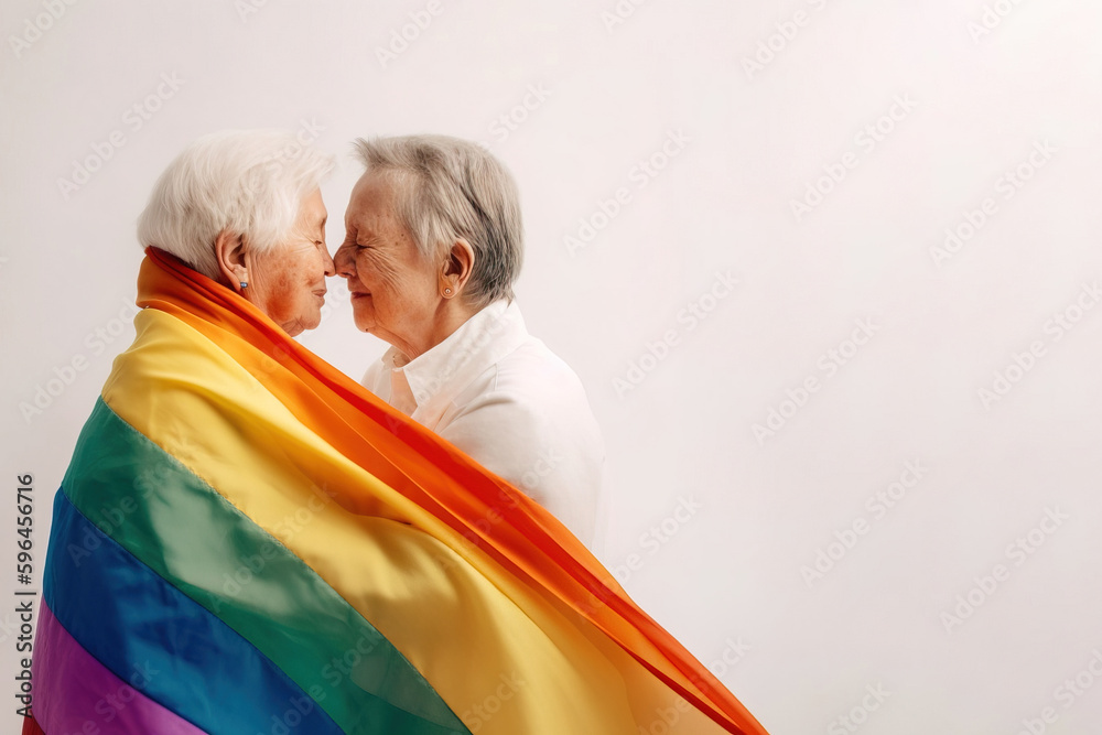 A couple of elderly women facing each other, touching nose to nose with ...