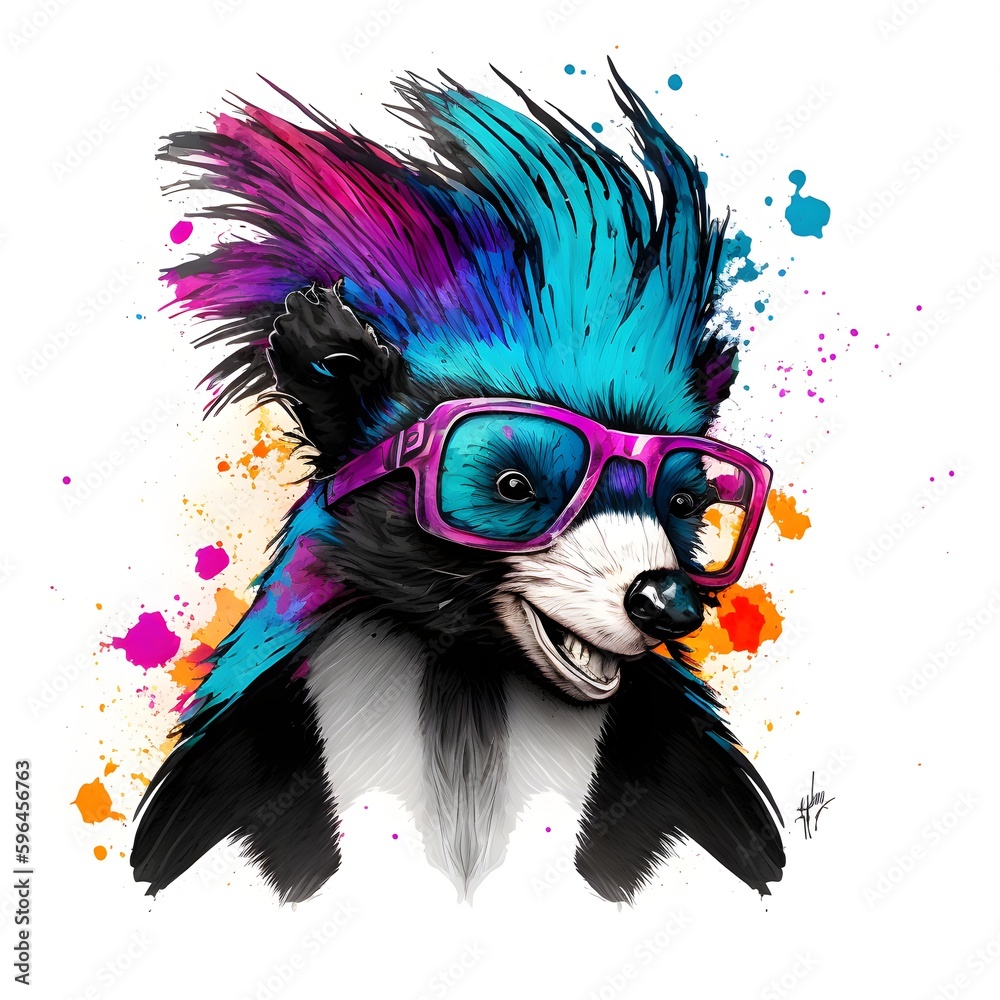 vectorized design of a happy skunk with bright colored mohawk with ...