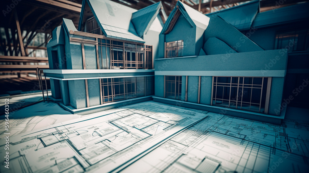 blueprint designs and a home model for a construction project ...