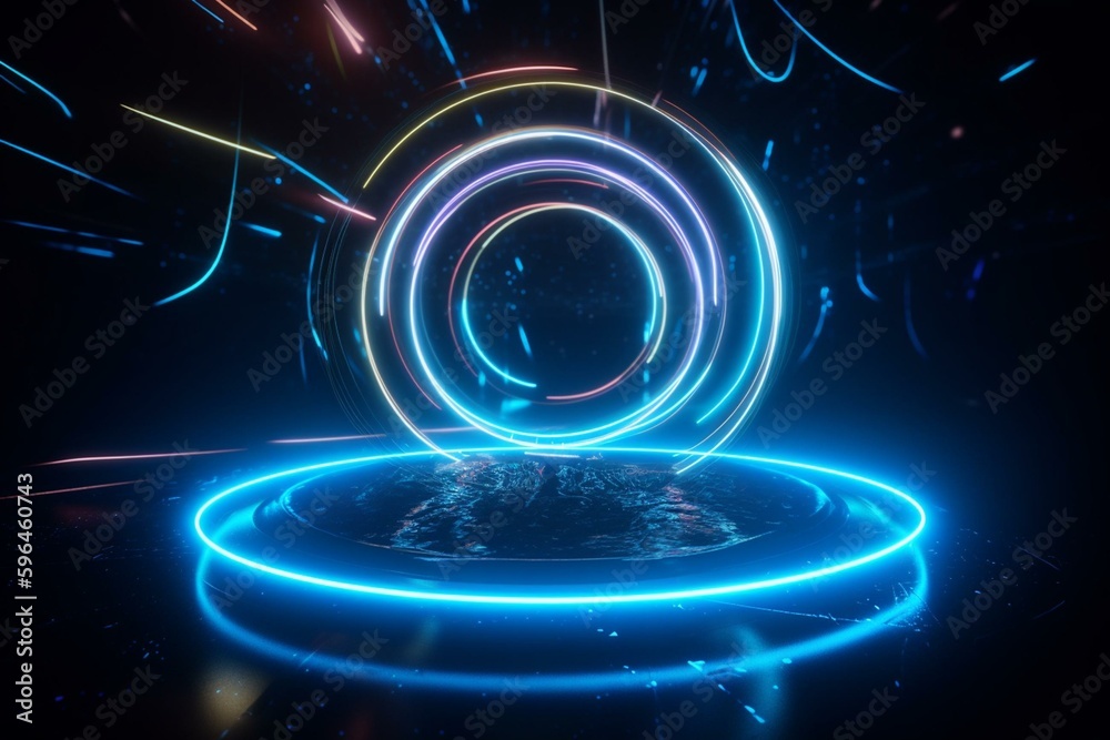 Circular light display with rotating lines, glow ring, neon ball, and ...