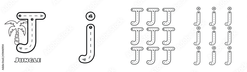 Letter J trace uppercase and lowercase ABC alphabet worksheet for kids English vocabulary ...