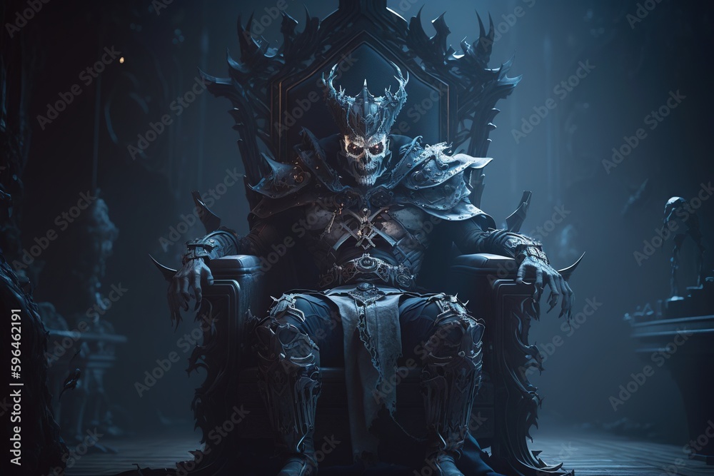 An eerie dark fantasy throne room with a dark lich lord siting at the center, facing the undead ...