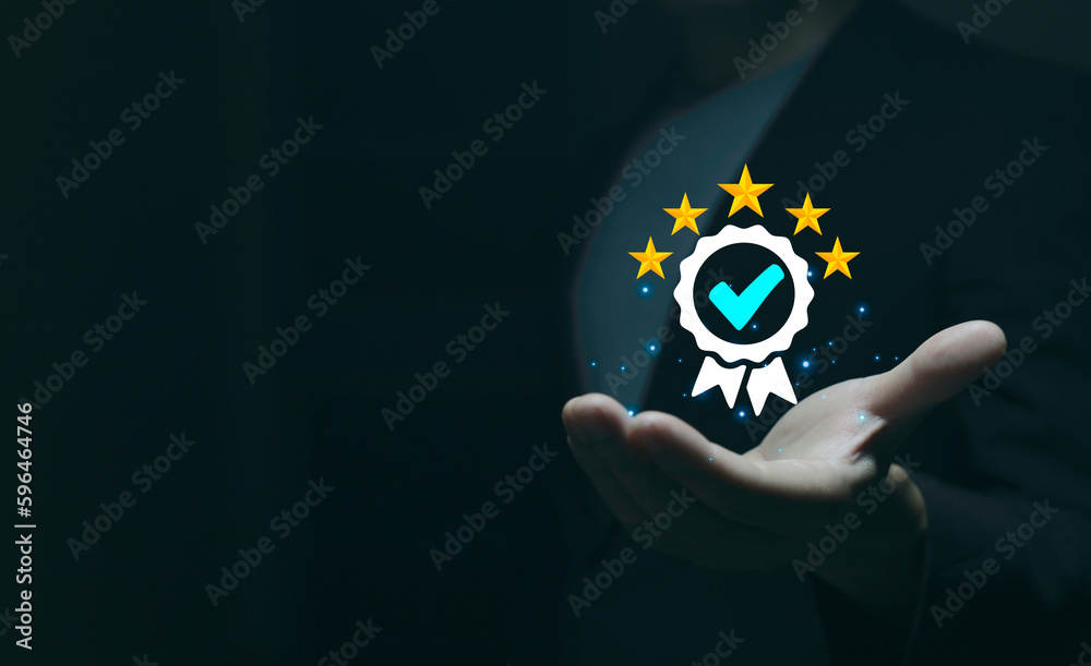 Hand shows the sign of the top service Quality assurance, Guarantee ...