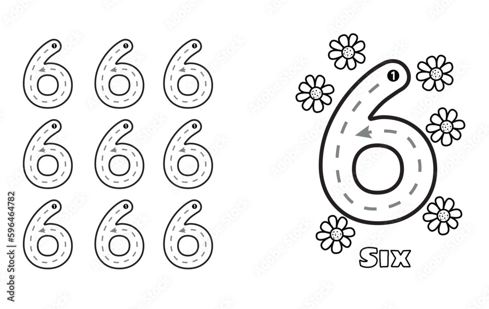 Number Six trace practice worksheet for prek kids and toddlers ...