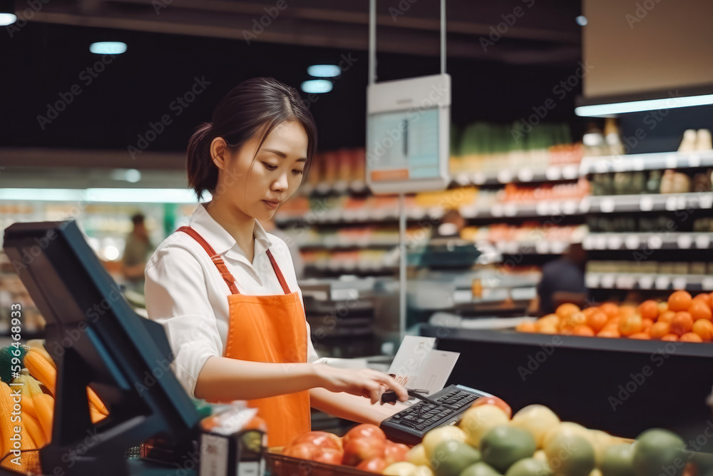 Woman cashier in food store. Young cashier working in grocery store ...