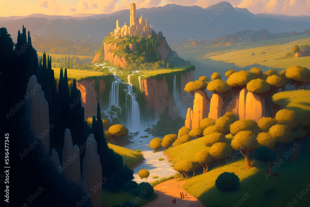 clear view of distant medieval disney castle on far distant high hill ...