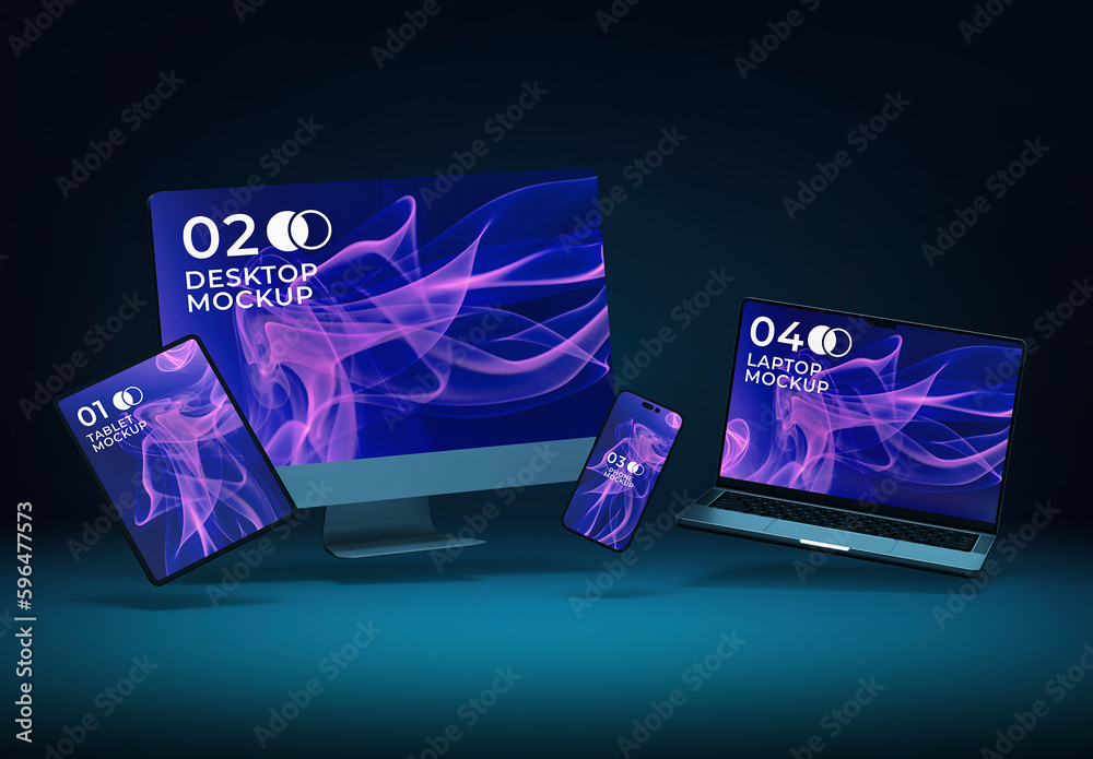 Floating Devices Dark Background Mockup Stock Template | Adobe Stock