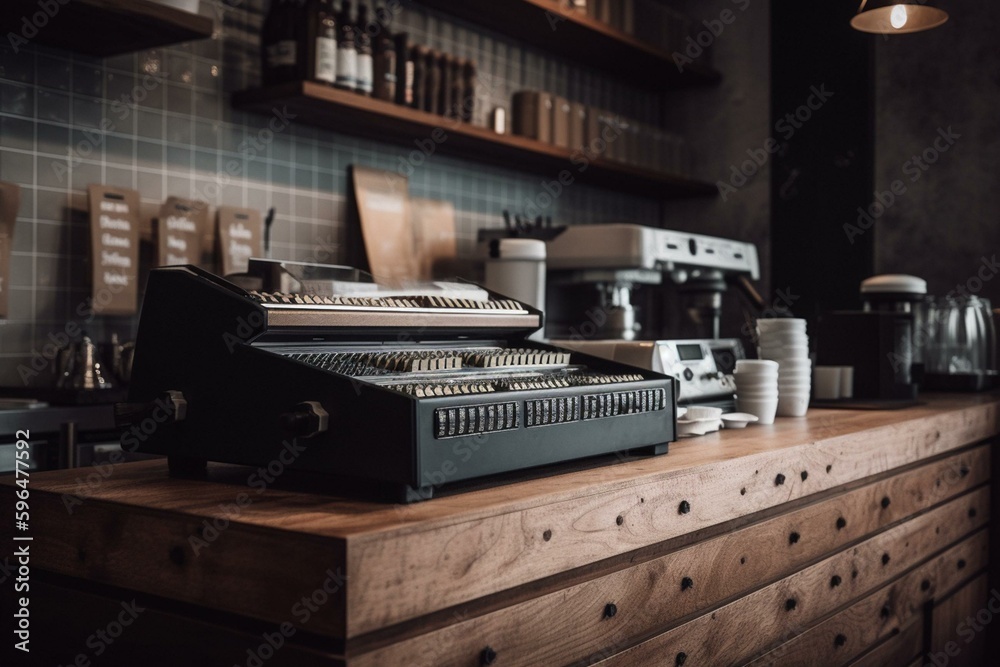 Contemporary cafe featuring wooden counter, espresso machine, menu ...