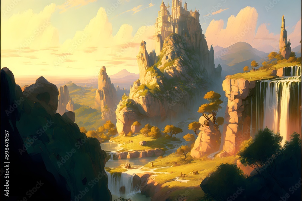 clear view of distant medieval disney castle on far distant high hill ...