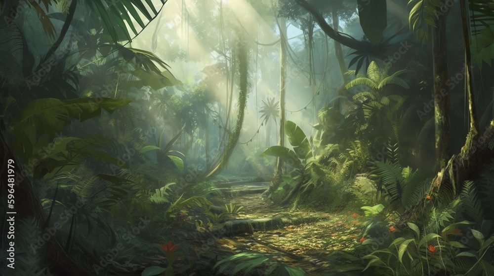 The vibrant colors and textures of the forest background create a rich ...