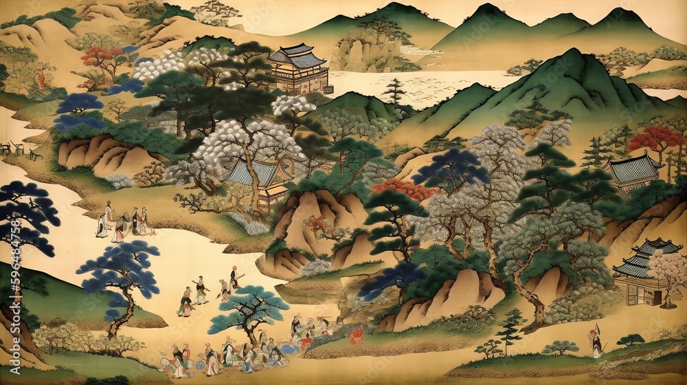 The detailed brushwork of the ancient Japanese painting showcases a ...