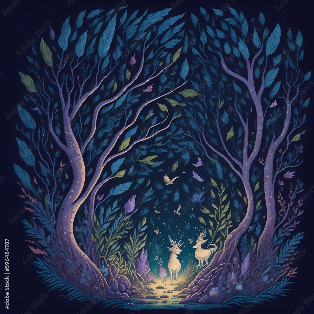 Magic forest with deer, trees, and plants. Hand-drawn vector ...