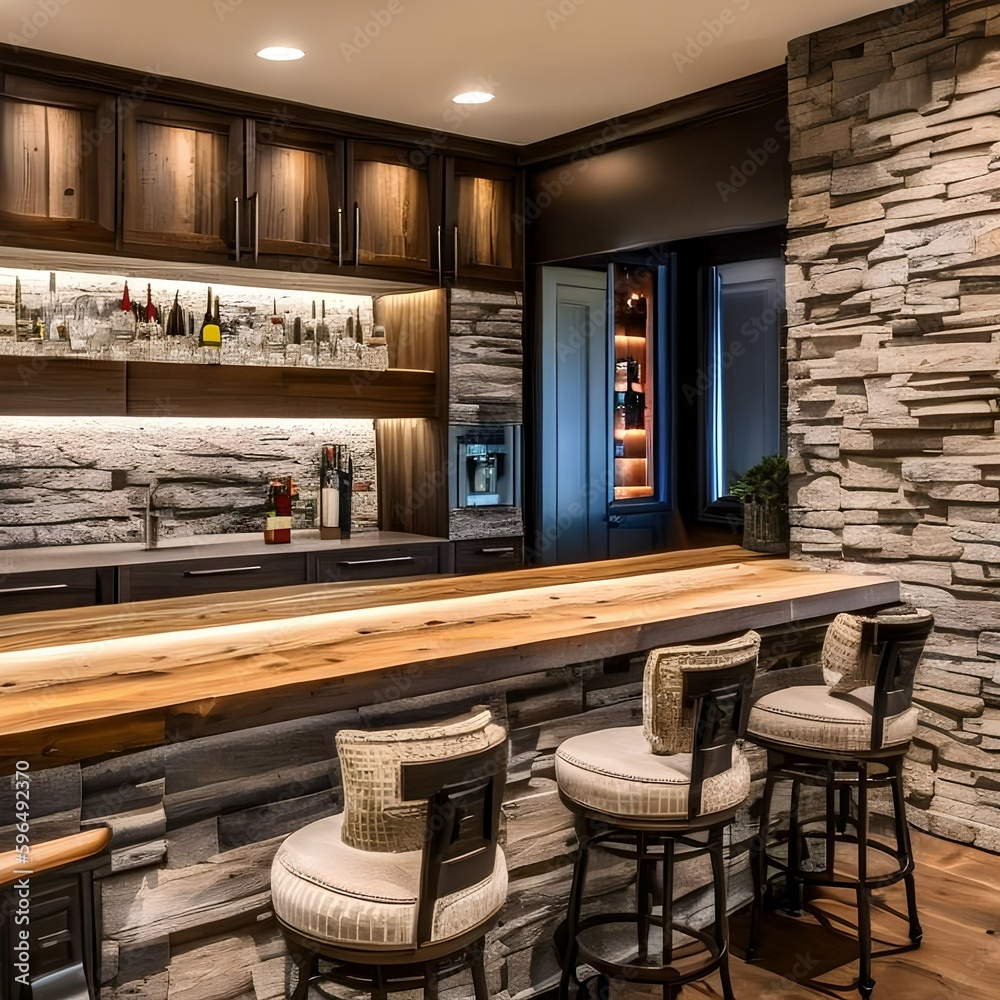 7 A rustic home bar with reclaimed wood accents, a stone backsplash ...
