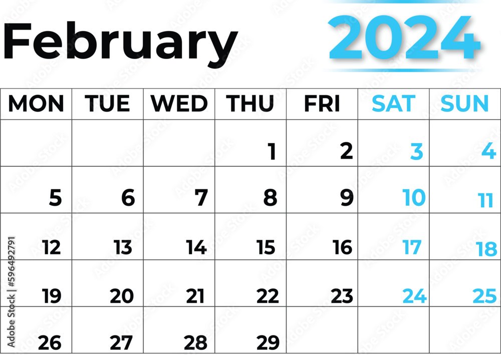 February 2024 calendar with clean look Stock Vector | Adobe Stock