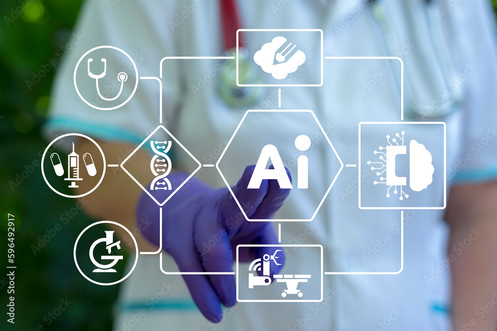 Doctor using virtual touchscreen presses icon: AI. Concept of AI, IT ...