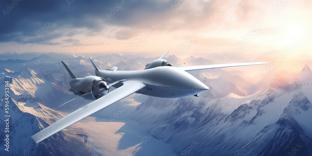 Unmanned military drone on patrol air territory at high altitude at ...