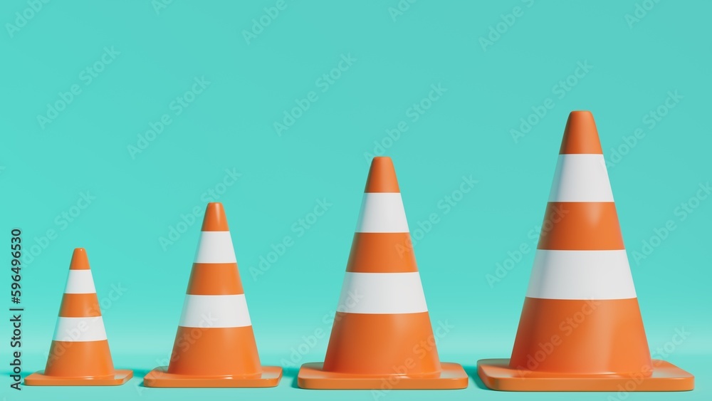 Four traffic cones in order of size and in a row, green stage, 3d ...