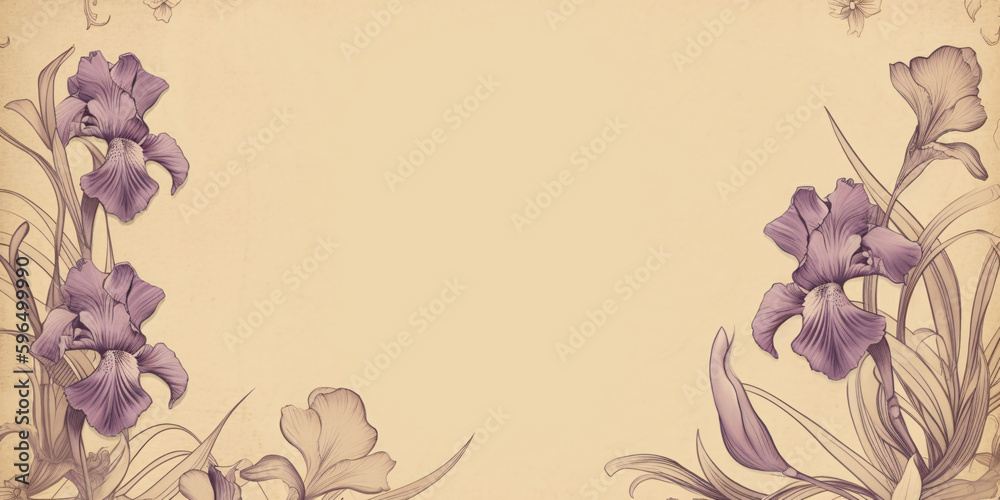 purple iris border floral frame, vintage parchment background for copy ...