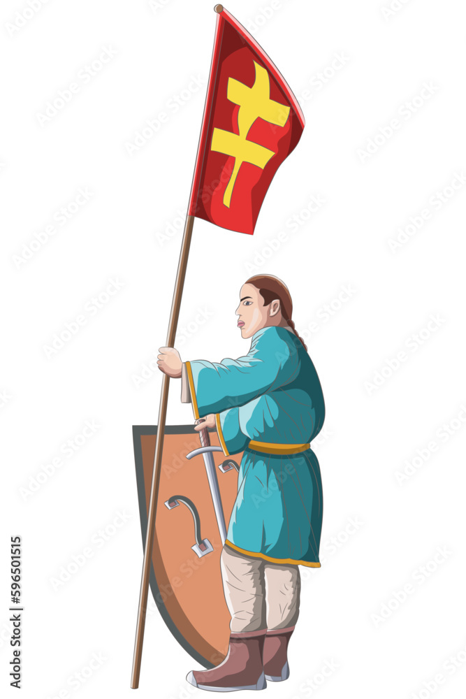 Knight s squire in a medieval costume with a flag and weapons. Vector ...
