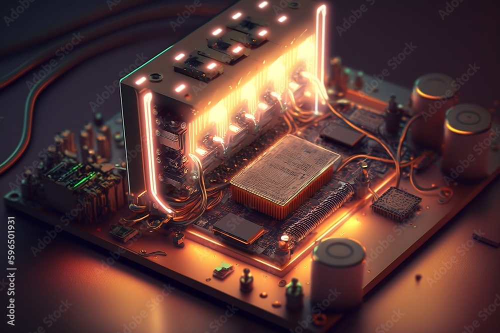 circuit board with neon lights, accessories and electricity ...