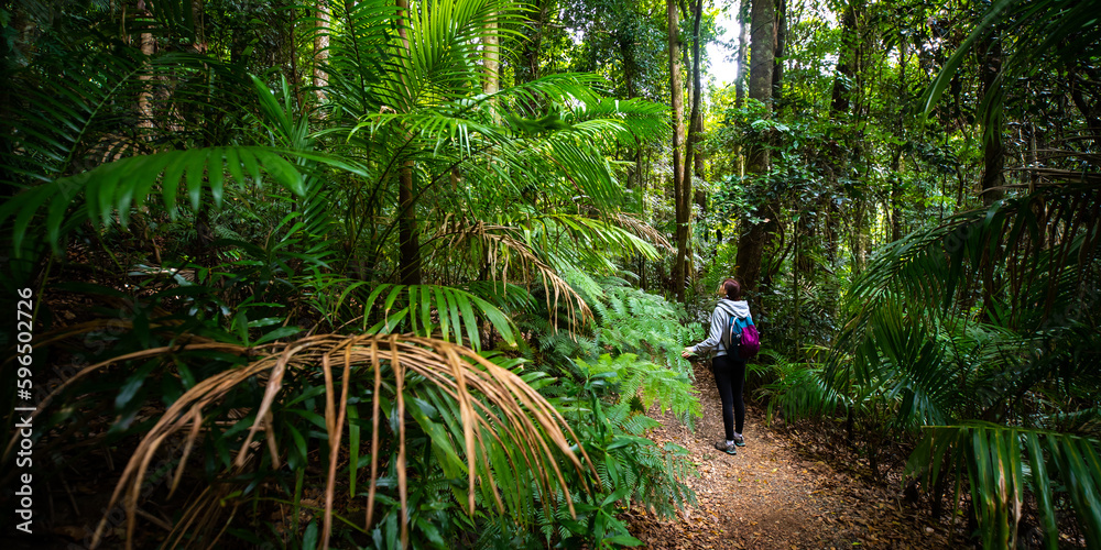 Long haired girl with a backpack walks in magical green lush stunning ...