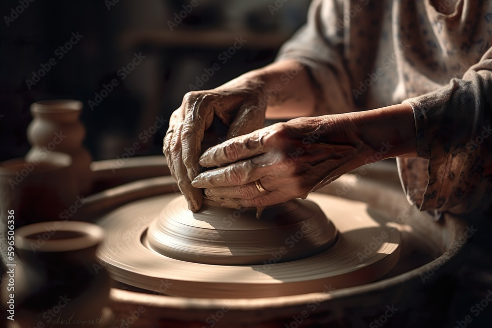 Hands molding a clay pot on a spinning wheel in a sunlit pottery studio ...