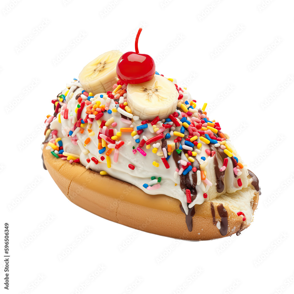 an isolated banana split ice cream dessert with chocolate chips and ...