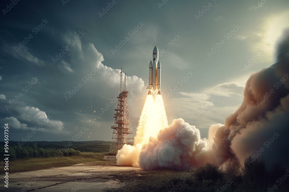 Realistic rocket takeoff painting on smooth sky background with ...