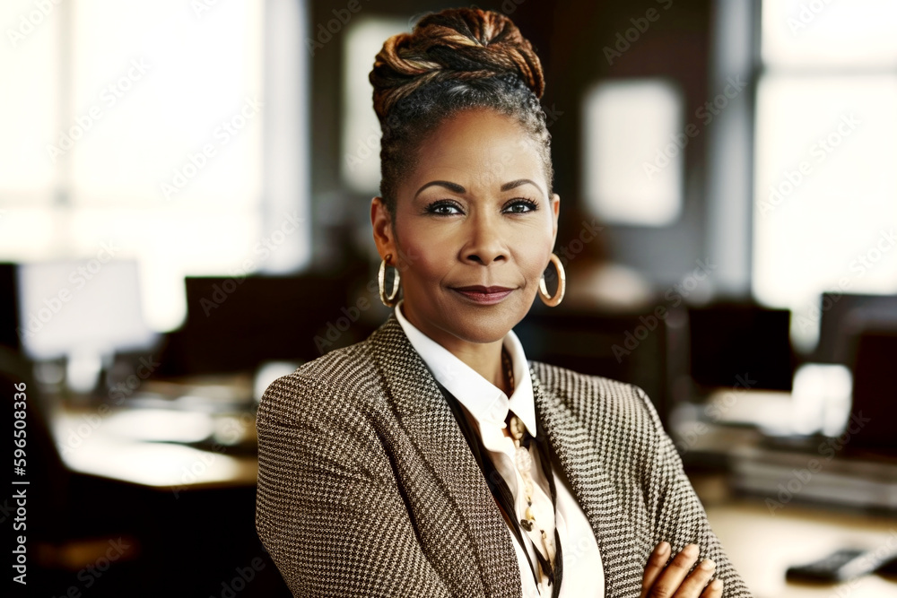 Portrait of confident mature Black business woman in office. Generative ...