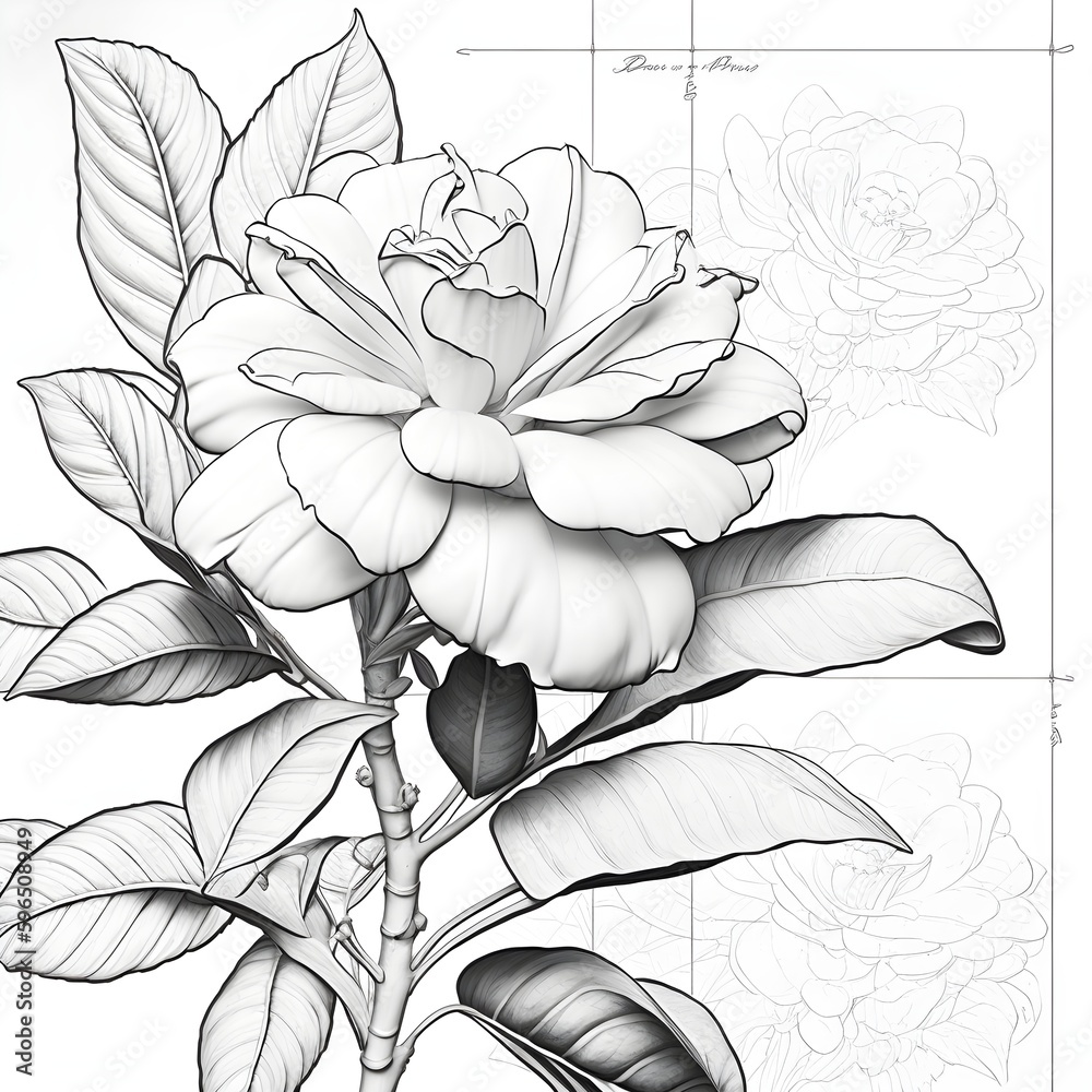 black and white line drawing of Gardenia Flower for coloring thick ...