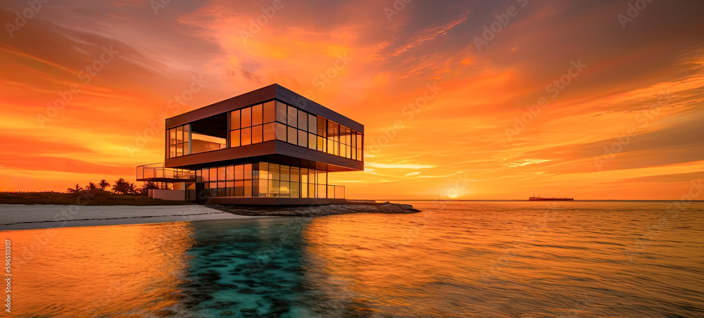 Futuristic ocean view luxury beach house with a beautiful golden sunset ...