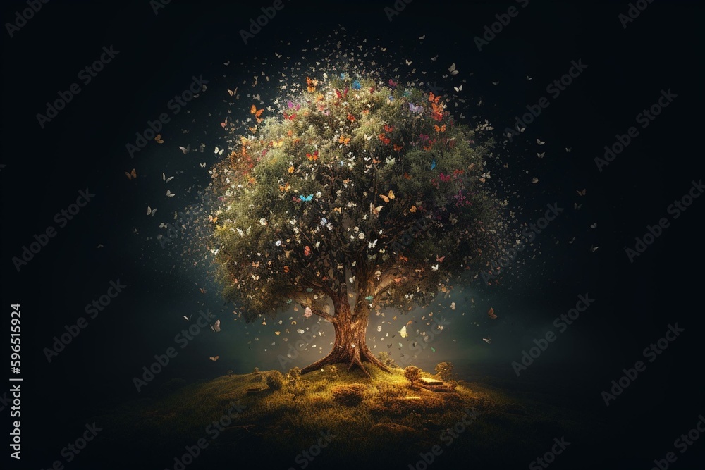 A visualization of the world tree featuring chakras, butterflies, and ...