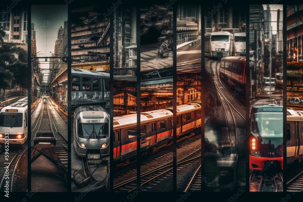 Artwork of various modes of transportation arranged in a collage ...