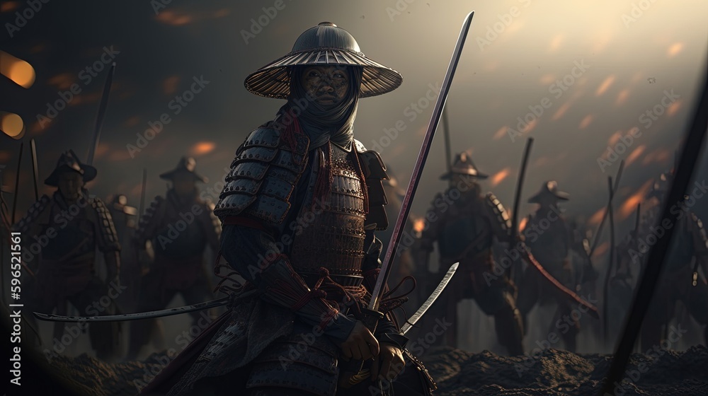 samurai with katana face army, digital art illustration, Generative AI ...