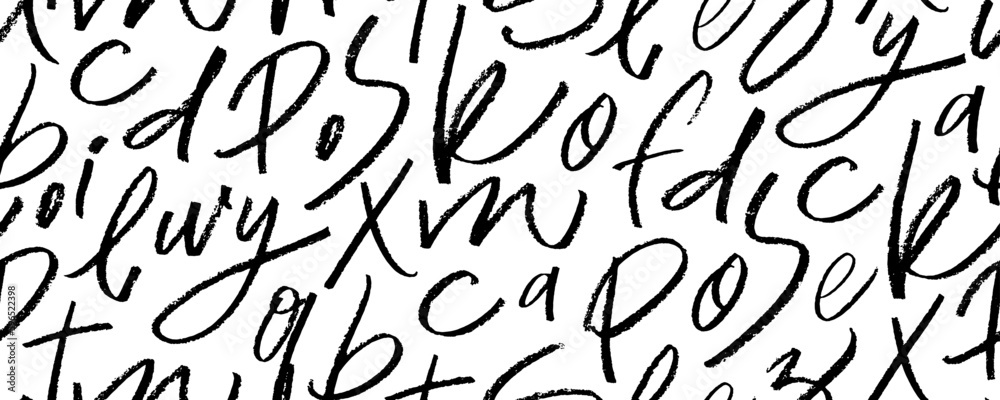 Scattered alphabet letters seamless pattern. Brush drawn cursive font ...
