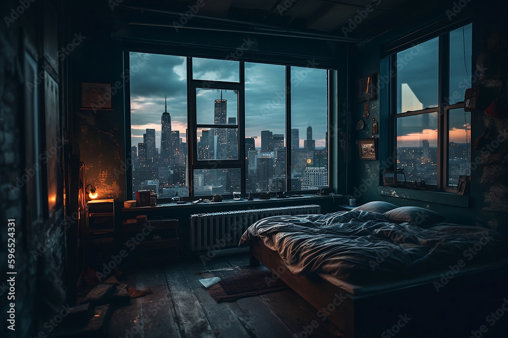 penthouse bedroom at night, dark gloomy with city sky view, A room with ...