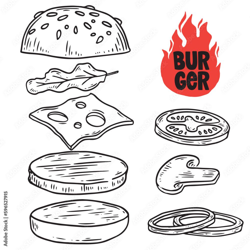 Hand drawn burger vector doodle. Hamburger sketch illustration for ...