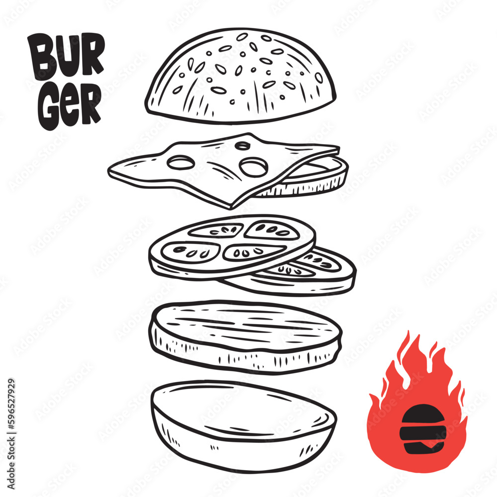 Hand drawn burger vector doodle. Hamburger sketch illustration for ...