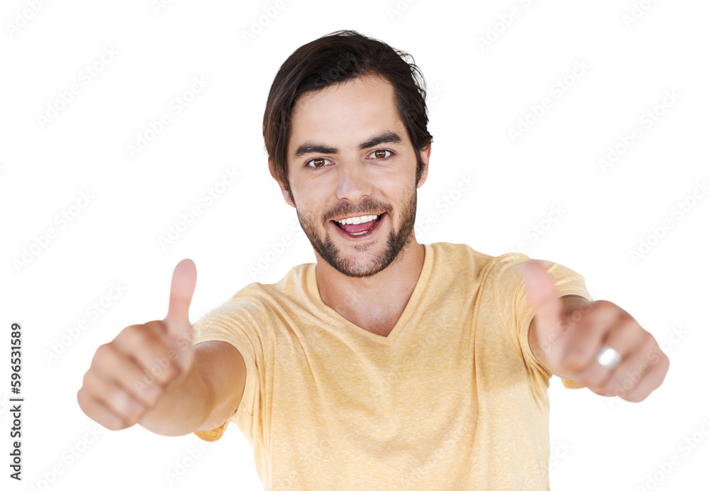 Winning man, thumbs up and portrait isolated on transparent, png ...