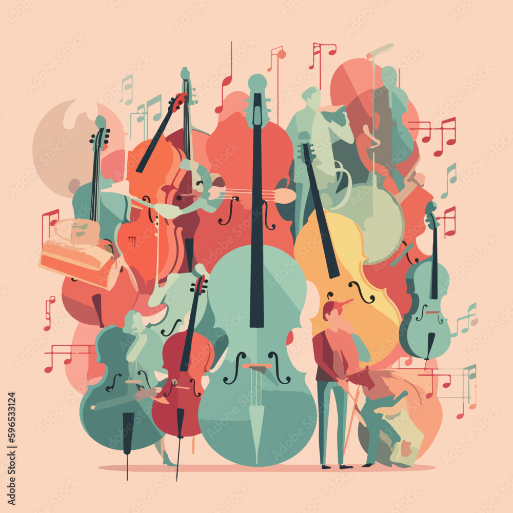 Creative drawing of an orchestra with musicians and notes on a pink ...