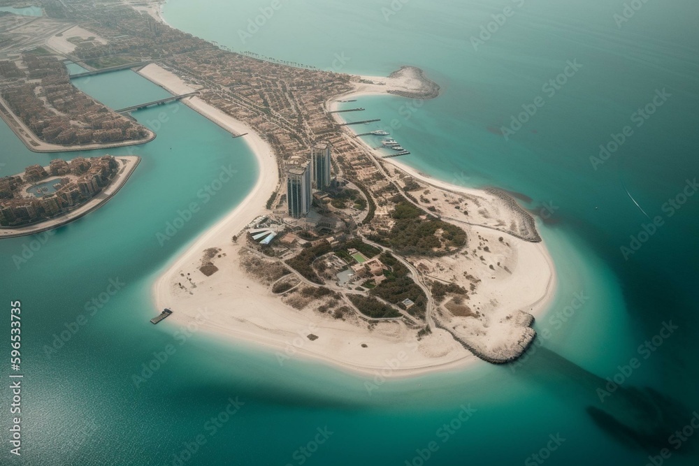 Bird's-eye view of Marjan Island in the UAE's Ras Al Khaimah emirate ...