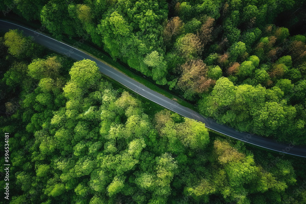 Aerial view road in the middle forest, Top view road going through ...