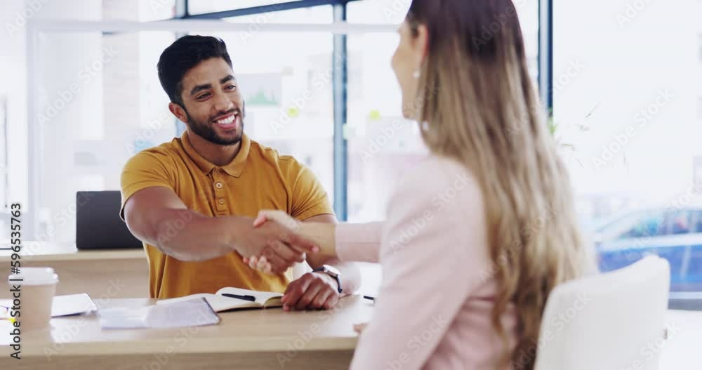Laughing, business people and handshake for partnership, deal or ...