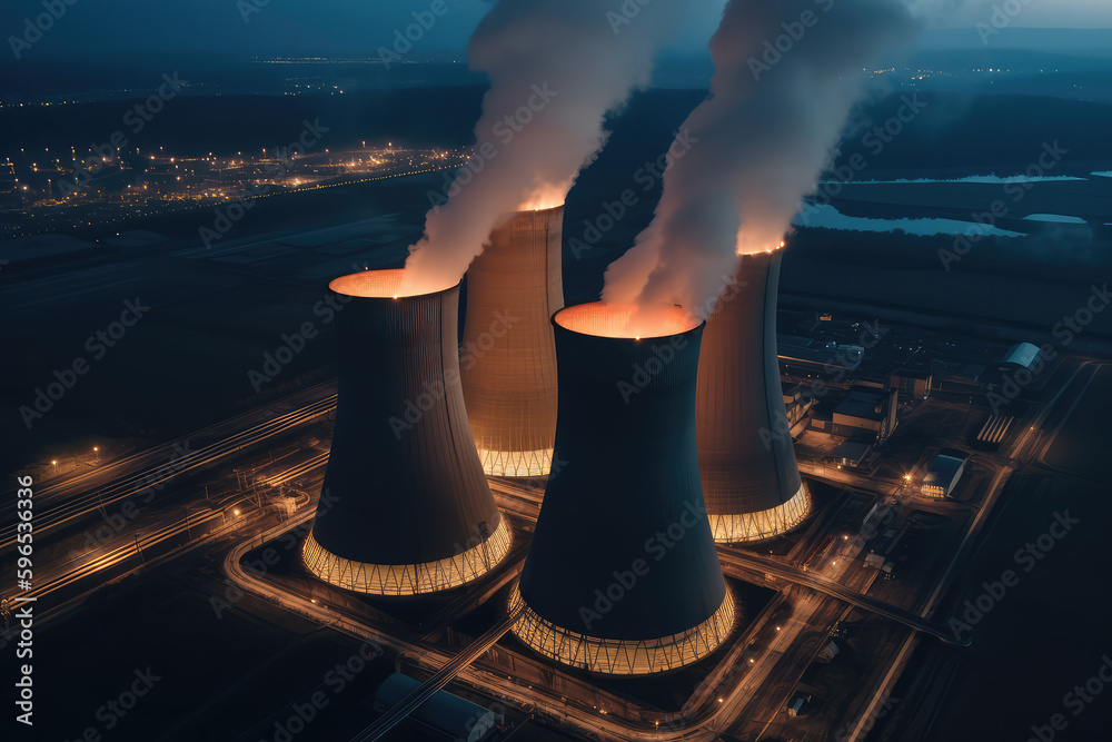 Cooling towers of a coal fired power plant, with smoke belching ...