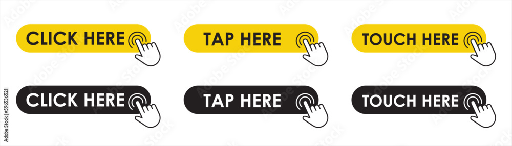 Set Of Click Here Yellow Button With Hand Cursor Button With Hand Pointer Clicking Click Here 0647