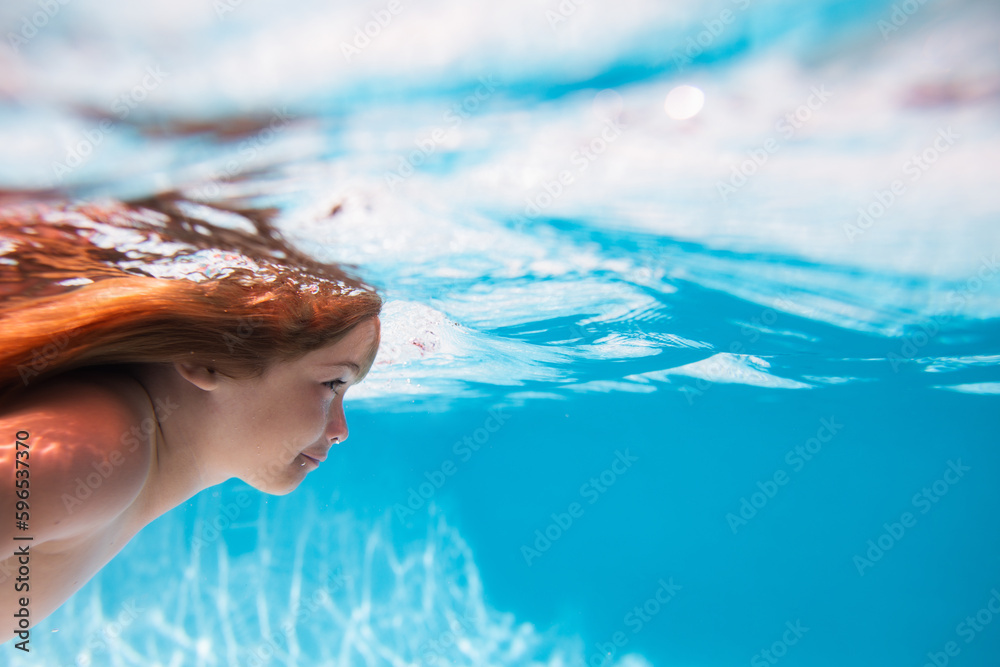 Beach sea and water fun. Kid swimming in pool underwater. Child boy ...