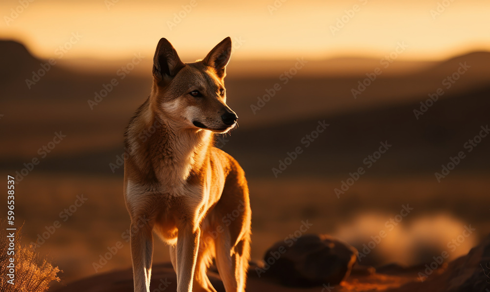 Dingo (warrigal) in sleek form in a quintessential Australian outback ...