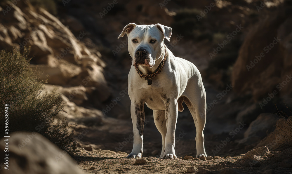 Photo of Dogo Argentino, standing alertly amidst a rugged, rocky ...