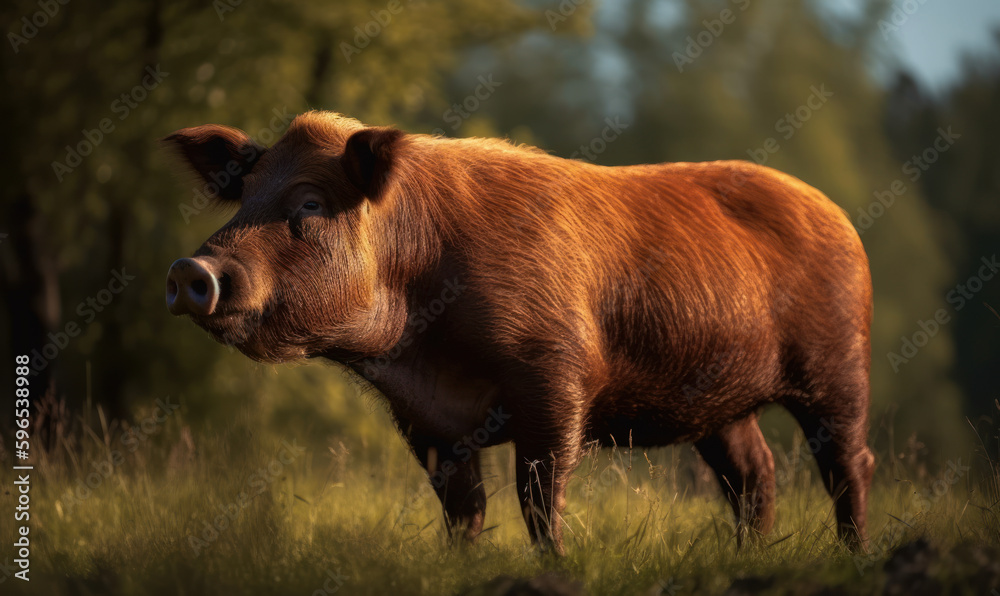 Photo of Duroc-Jersey, captured in a sun-drenched golden hour pasture ...