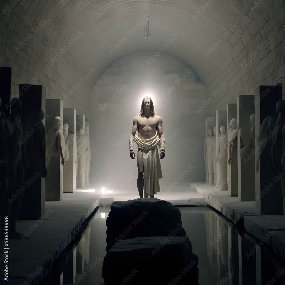 cyborg jesus resurrecting inside minimalist limestone heaven designed ...